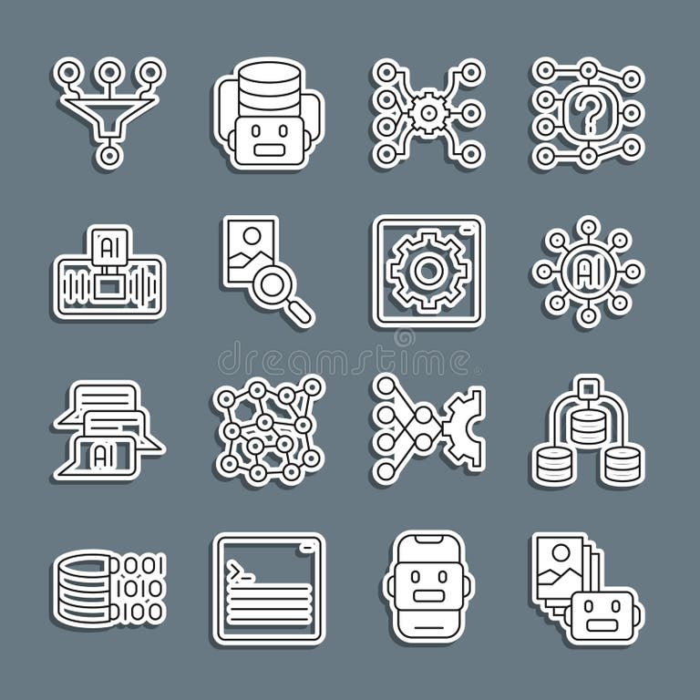 Set Line Artificial Intelligence Robot, Server, Data, Neural Network ...