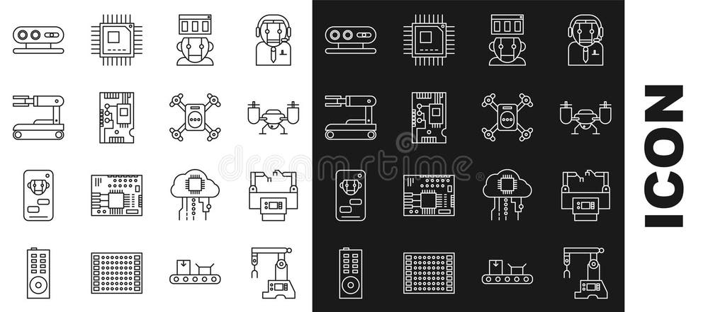 Set Line Assembly Line, Drone Flying with Action Camera, Robot, Electronic Computer Components ...
