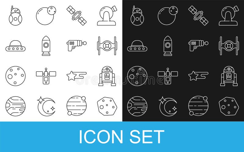 Set Line Asteroid, Robot, Cosmic Ship, Satellite, Rocket, UFO Flying ... Set Line Asteroid, Robot, Cosmic Ship, Satellite, Rocket, UFO Flying ...