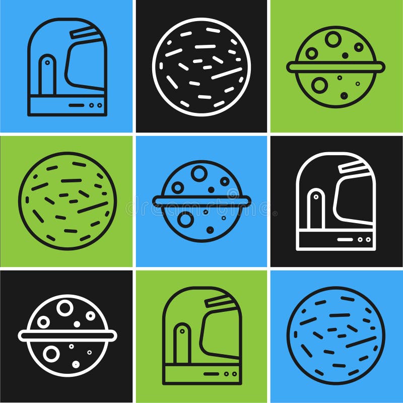 Set Line Astronaut Helmet, Planet Venus and Planet Mars Icon. Vector ...
