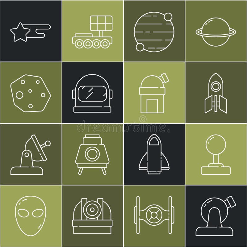 Set Line Astronomical Observatory, Joystick, Rocket Ship, Planet ...