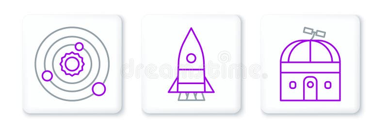 Set Line Astronomical Observatory, Solar System and Rocket Ship Icon ...