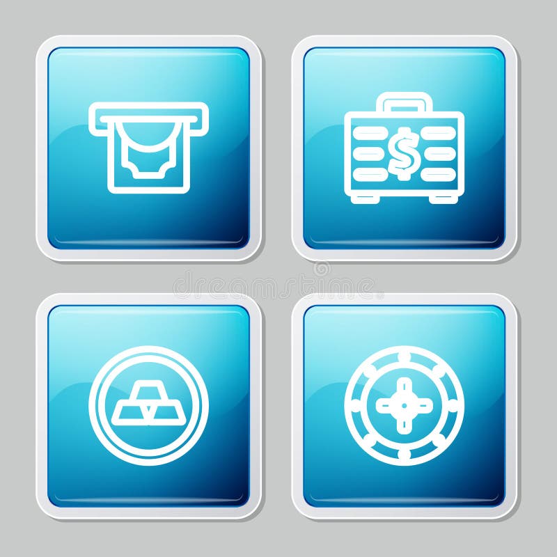Set Line ATM and Money, Briefcase, Gold Bars and Safe Icon. Vector ...