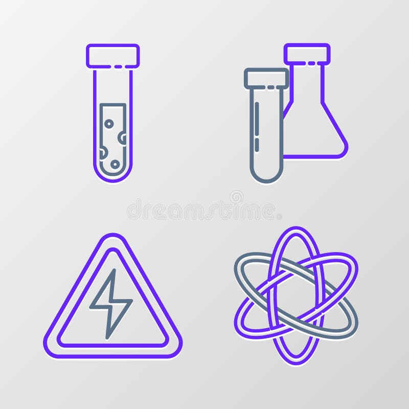 Set Line Atom, High Voltage Sign, Test Tube and Flask Chemical and Icon ...