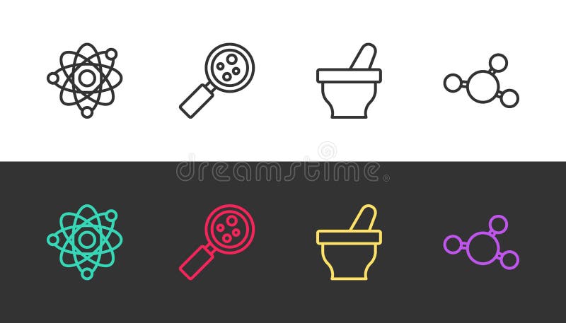 Set Line Atom, Microorganisms Under Magnifier, Mortar and Pestle and ... Set Line Atom, Microorganisms Under Magnifier, Mortar and Pestle and ...