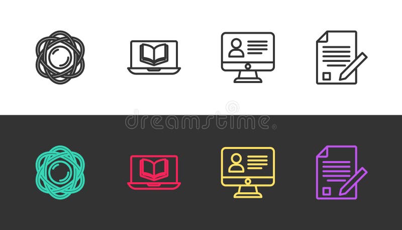 Set Line Atom, Online Class, and Exam Sheet and Pencil on Black and ... Set Line Atom, Online Class, and Exam Sheet and Pencil on Black and ...