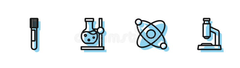 Set Line Atom, Test Tube, Flask on Stand and Microscope Icon. Vector ... Set Line Atom, Test Tube, Flask on Stand and Microscope Icon. Vector ...