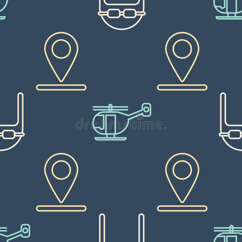 Set Line Aviator Hat with Goggles, Location and Helicopter on Seamless ...