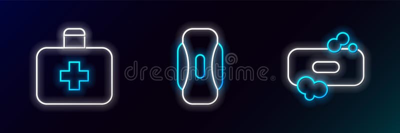 Set Line Bar of Soap, First Aid Kit and Sanitary Napkin Icon. Glowing ...