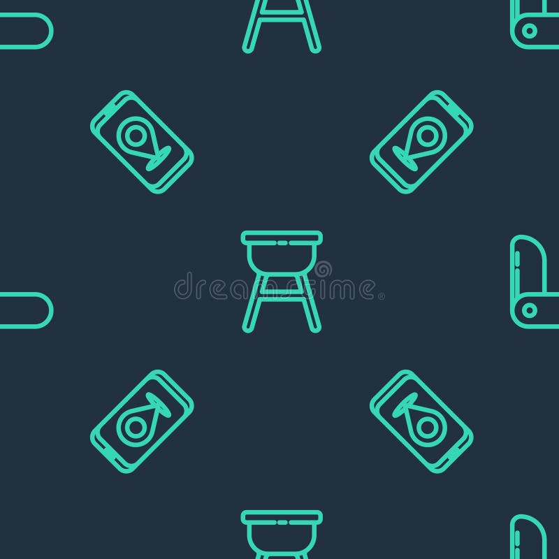 Set Line Barbecue Grill, City Map Navigation and Swiss Army Knife on ...