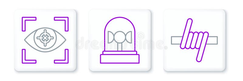 Set Line Barbed Wire, Eye Scan and Flasher Siren Icon. Vector Stock ... Set Line Barbed Wire, Eye Scan and Flasher Siren Icon. Vector Stock ...