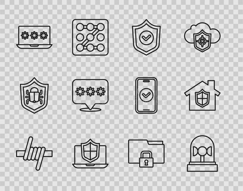 Set Line Barbed Wire, Flasher Siren, Shield with Check Mark, Laptop ... Set Line Barbed Wire, Flasher Siren, Shield with Check Mark, Laptop ...