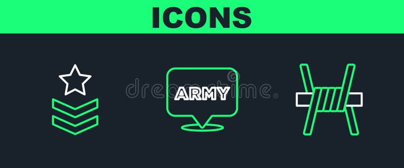 Set Line Barbed Wire, Military Rank and Army Icon. Vector Stock ...