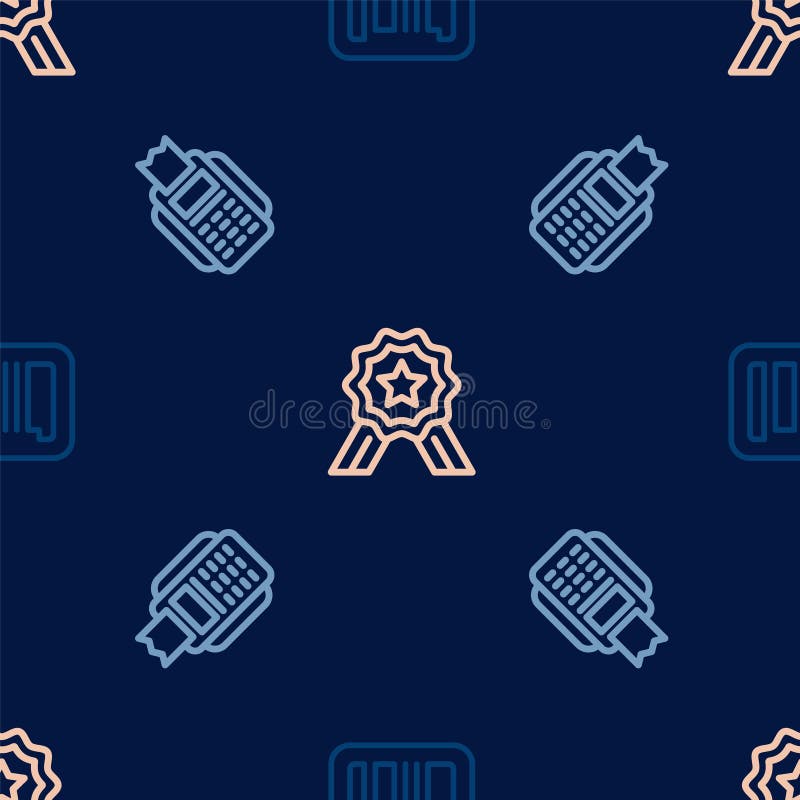 Set Line Barcode, POS Terminal and Stars Rating on Seamless Pattern ...