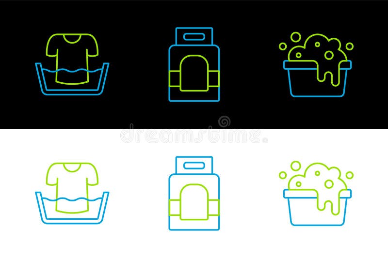 Set Line Basin with Soap Suds, Shirt and Laundry Detergent Icon. Vector ...