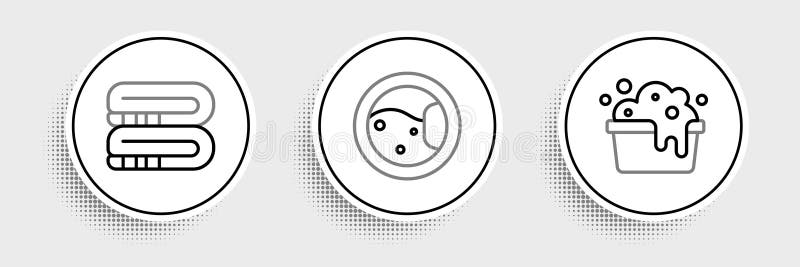 Set Line Basin with Soap Suds, Towel Stack and Washer Icon. Vector ...