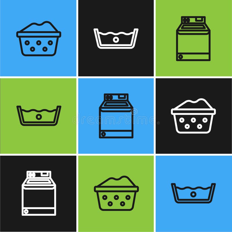 Set Line Basin with Soap Suds, Washer and Temperature Wash Icon. Vector ...