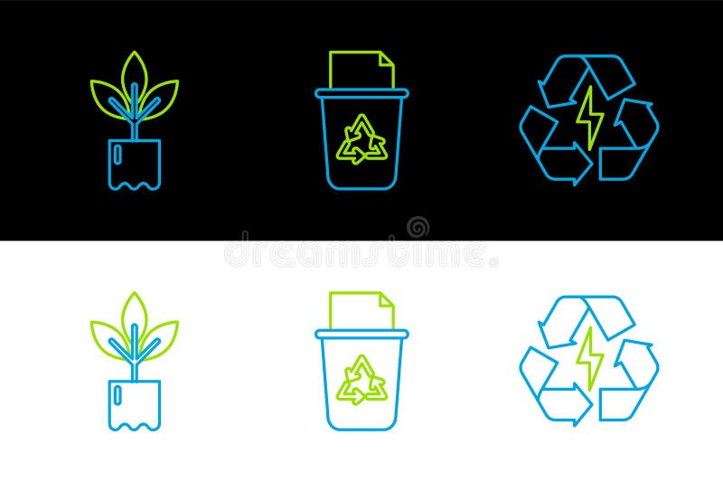 Set Line Battery with Recycle Symbol, Plant in Bottle and Recycle Bin ...