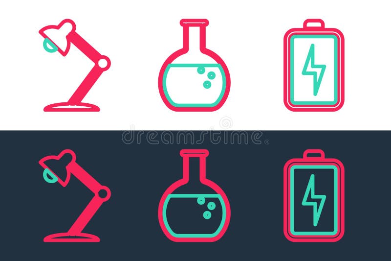 Set Line Battery, Table Lamp and Test Tube and Flask Icon. Vector Stock ...