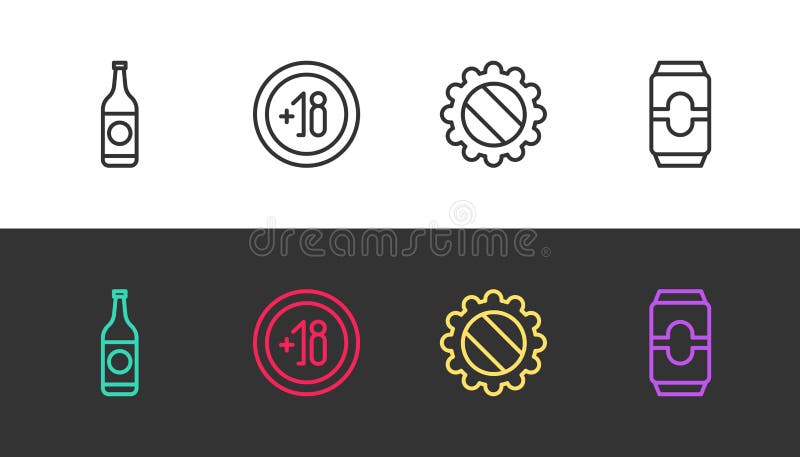 Set Line Beer Bottle, Alcohol 18 Plus, Bottle Cap and Can on Black and ...