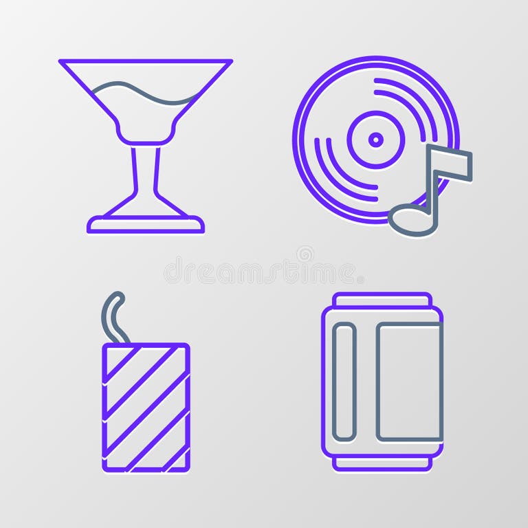 Set Line Beer Can, Firework Rocket, Vinyl Disk and Cocktail Icon ...