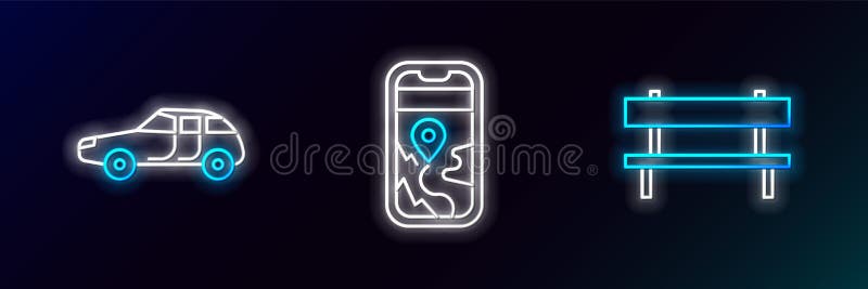 Set Line Bench, Car and City Map Navigation Icon. Glowing Neon. Vector ...
