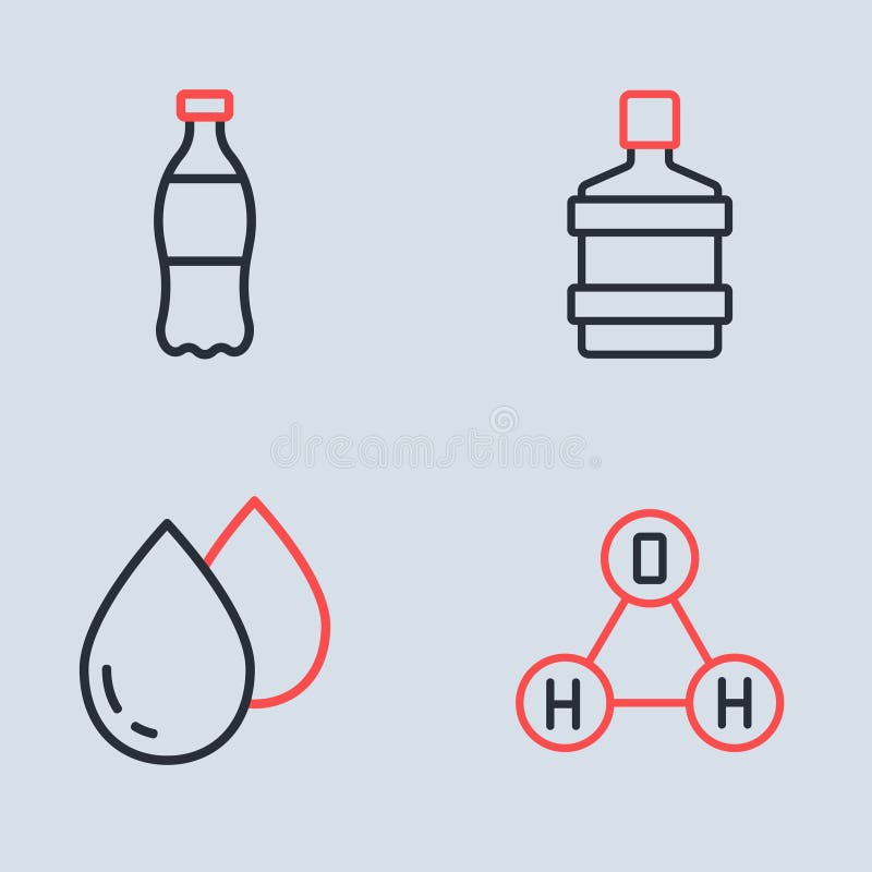 Set Line Big Bottle with Clean Water, Water Drop, Chemical Formula H2O ...
