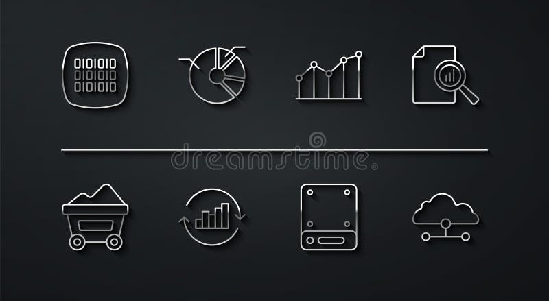 Set Line Binary Code, Coal Mine Trolley, Document with Graph Chart ... Set Line Binary Code, Coal Mine Trolley, Document with Graph Chart ...