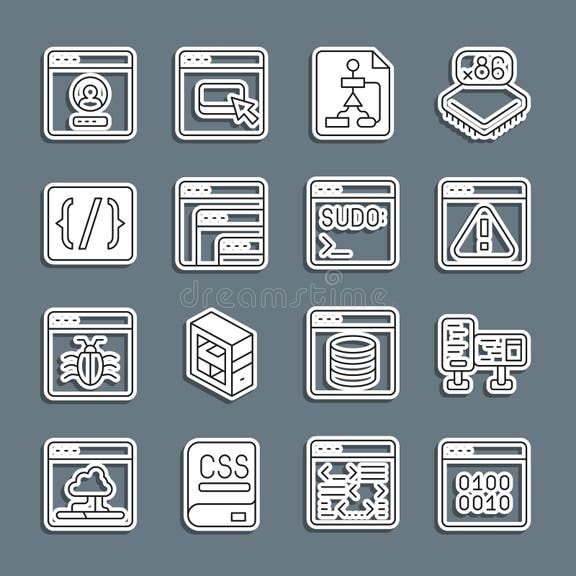 Set Line Binary Code, Computer Monitor Screen, Browser with Exclamation Mark, Flowchart ...