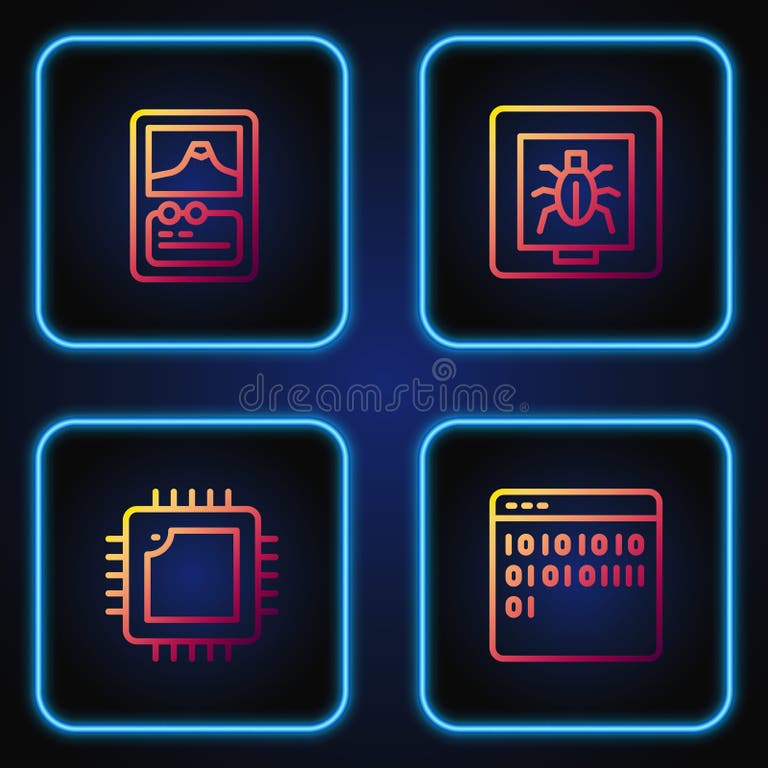 Set Line Binary Code, Processor with CPU, Card Game and Insects Frame. Gradient Color Icons ...