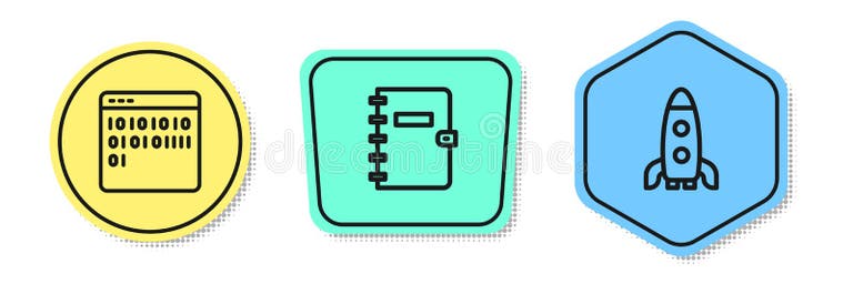 Set Line Binary Code, Spiral Notebook and Rocket Ship. Colored Shapes ...