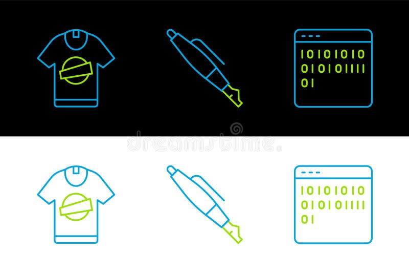 Set Line Binary Code, T-shirt and Fountain Pen Nib Icon. Vector Stock ...