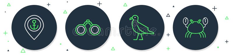 Set Line Binoculars, Bird Seagull, Location with Anchor and Crab Icon ...