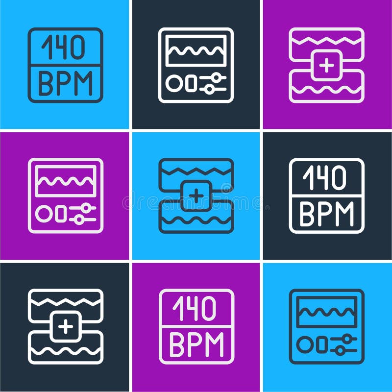 Set Line Bitrate, Music Wave Equalizer and Drum Machine Icon. Vector ...
