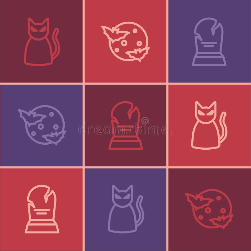 Set Line Black Cat, Tombstone with RIP Written and Moon and Stars Icon ...