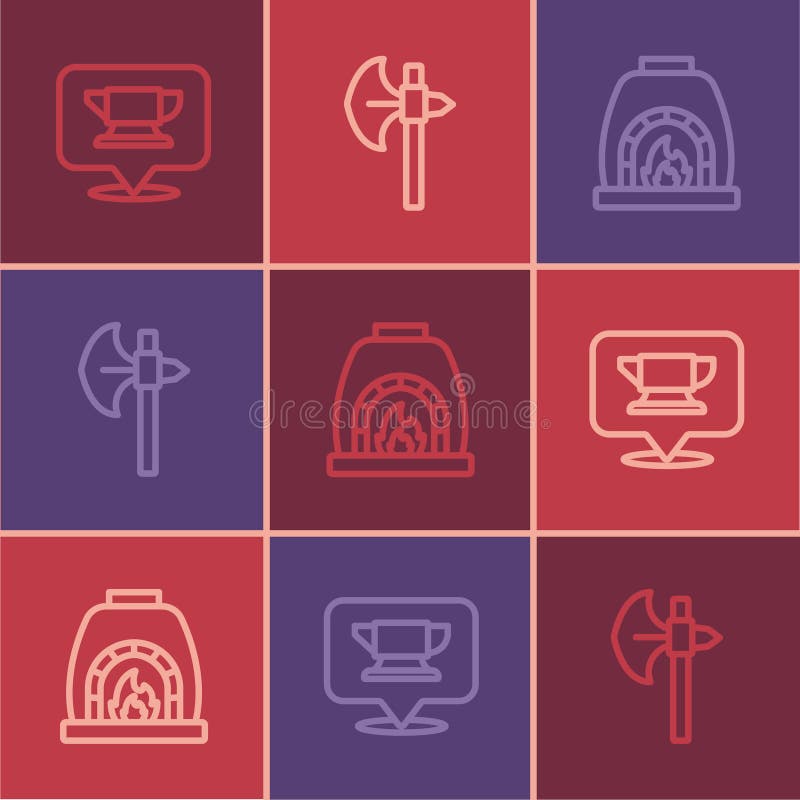 Set Line Blacksmith Anvil Tool, Oven and Medieval Axe Icon. Vector ...