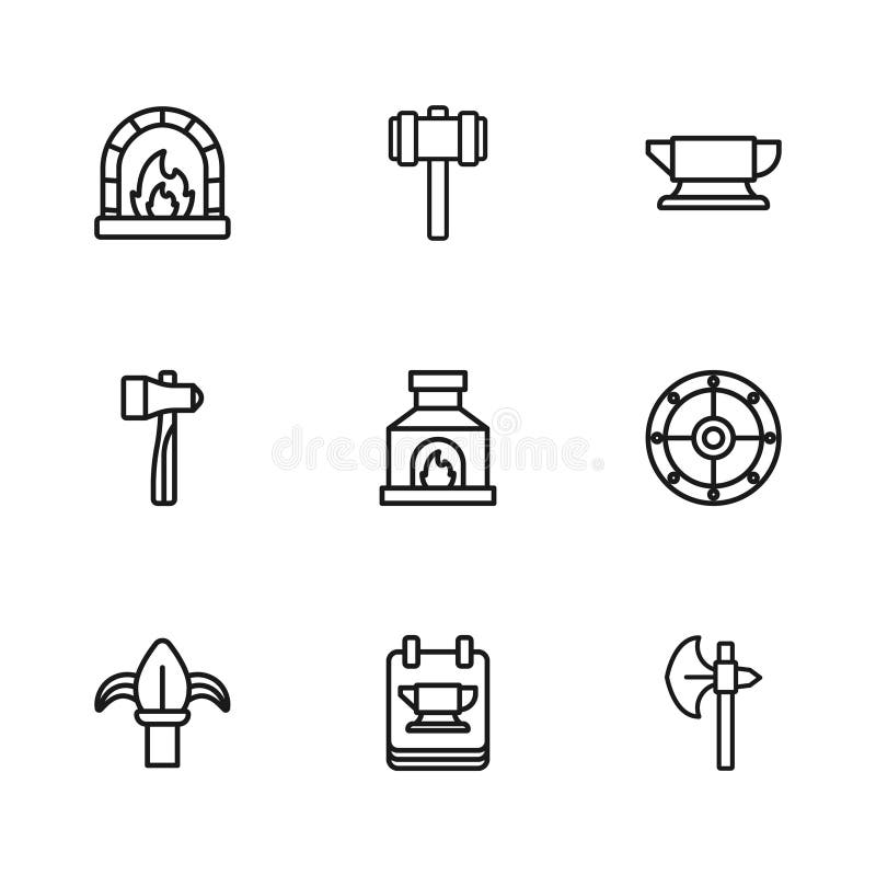 Set Line Blacksmith Anvil Tool, Round Shield, Medieval Axe, Oven ...