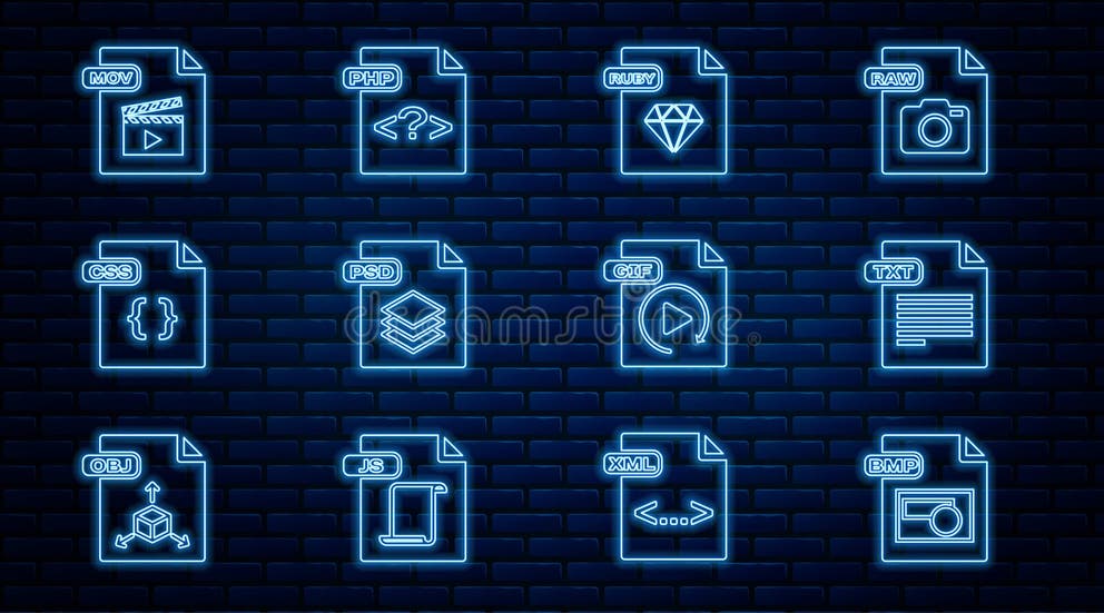 Set Line BMP File Document, TXT, RUBY, PSD, CSS, MOV, GIF and PHP Icon. Vector Stock Vector ...