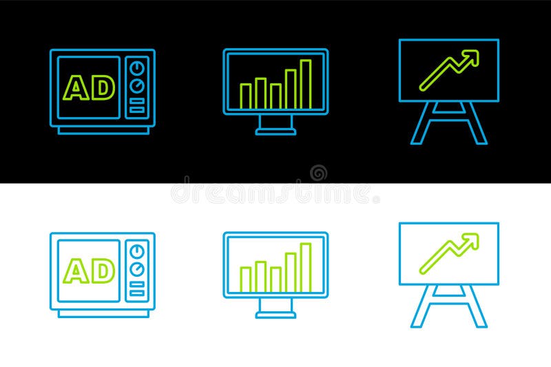 Set Line Board with Graph Chart, Advertising and Monitor Icon. Vector ...