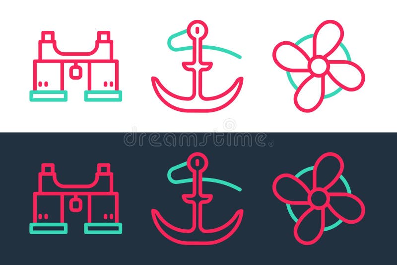 Set Line Boat Propeller, Binoculars and Anchor Icon. Vector Stock ...