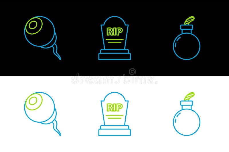Set Line Bomb Ready To Explode, Eye and Tombstone with RIP Icon. Vector ...