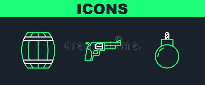 Set Line Bomb Ready To Explode, Gun Powder Barrel and Revolver Gun Icon ...