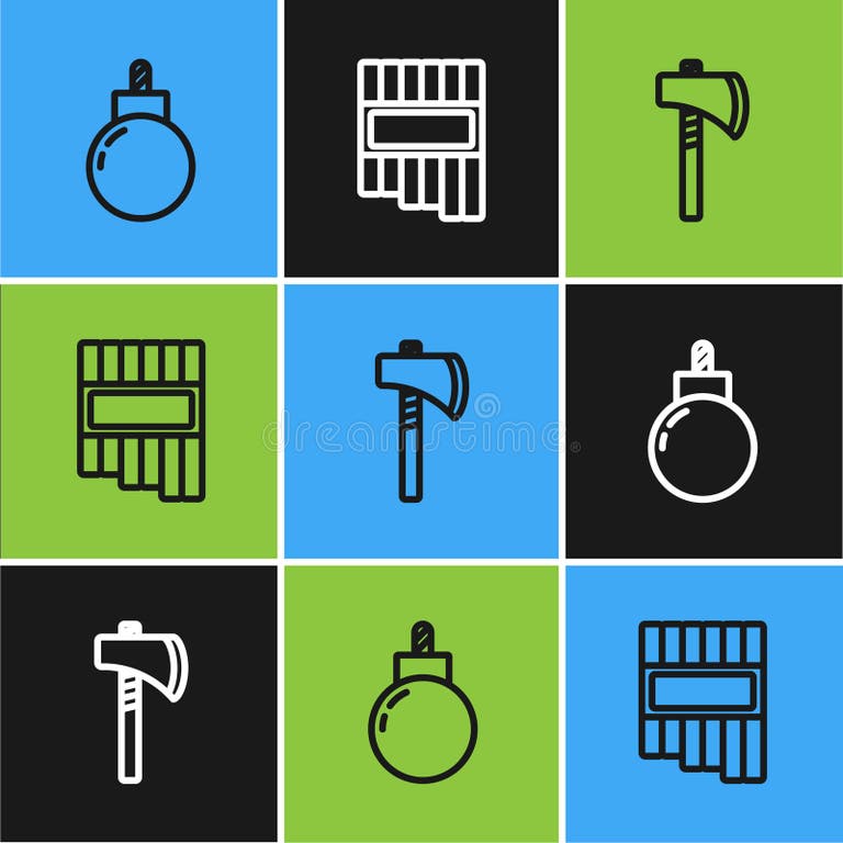 Set Line Bomb Ready To Explode, Tomahawk Axe and Pan Flute Icon. Vector ...