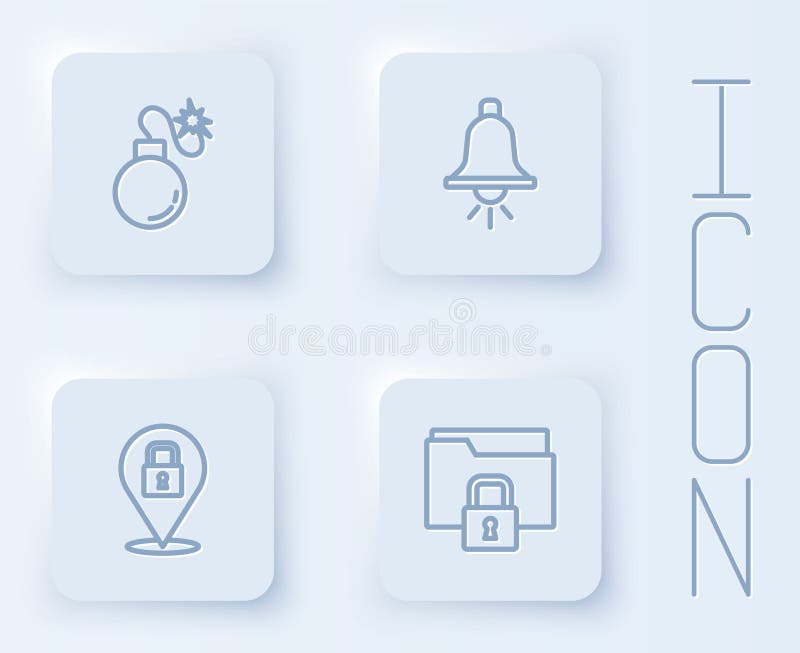 Set Line Bomb, Ringing Alarm Bell, Lock and Folder and Lock. White ...