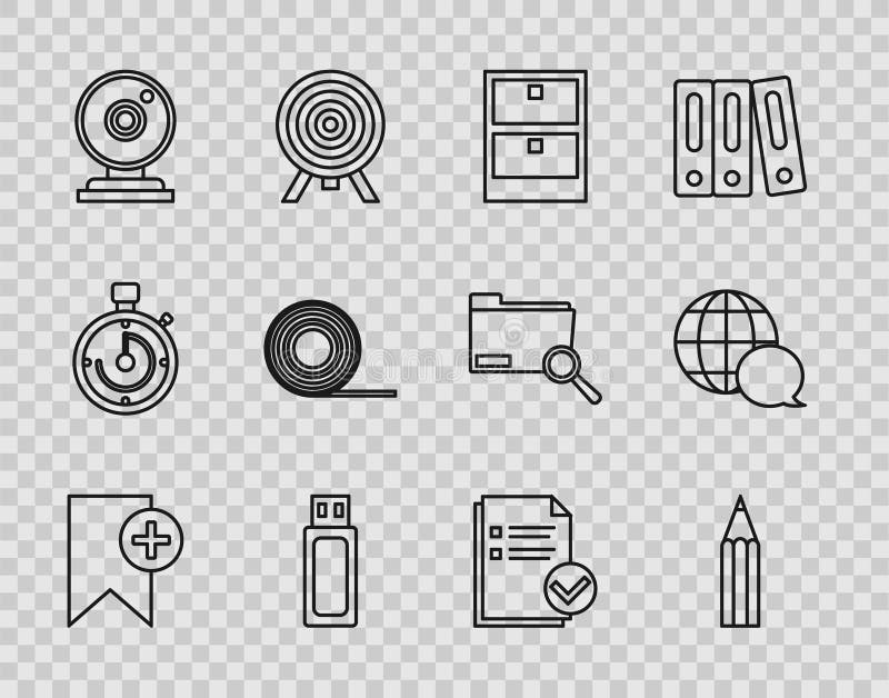 Set Line Bookmark, Pencil, Archive Papers Drawer, USB Flash Drive, Web ...