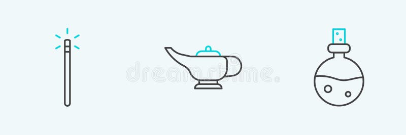 Set Line Bottle with Love Potion, Magic Wand and Lamp or Aladdin Icon ...