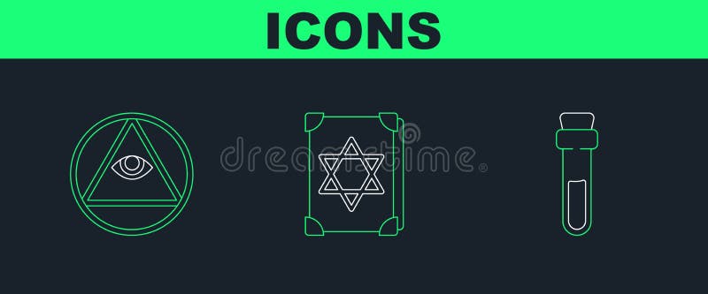 Set Line Bottle with Love Potion, Masons and Ancient Magic Book Icon ...