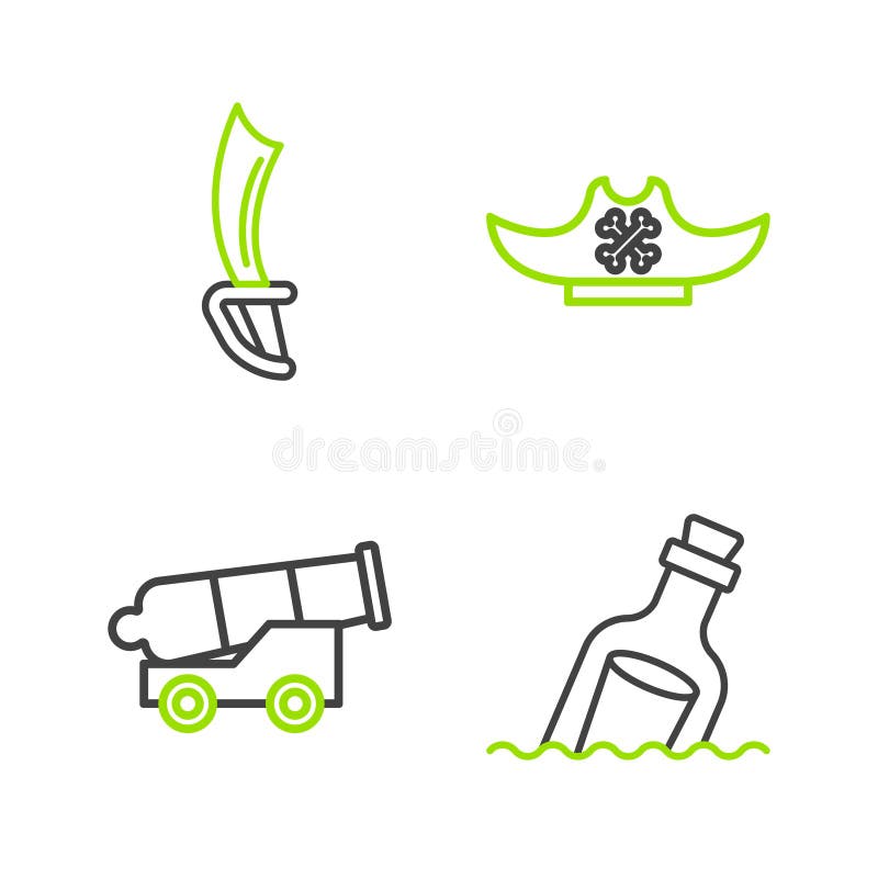 Set Line Bottle with Message in Water, Cannon, Pirate Hat and Sword ...