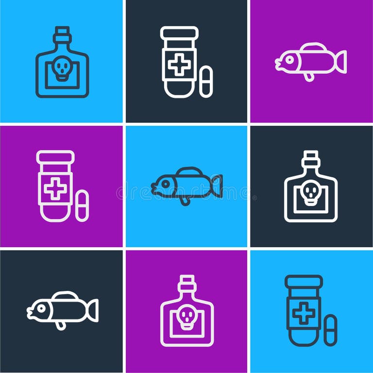 Set Line Bottle with Potion, Puffer Fish and Antidote Icon. Vector ...