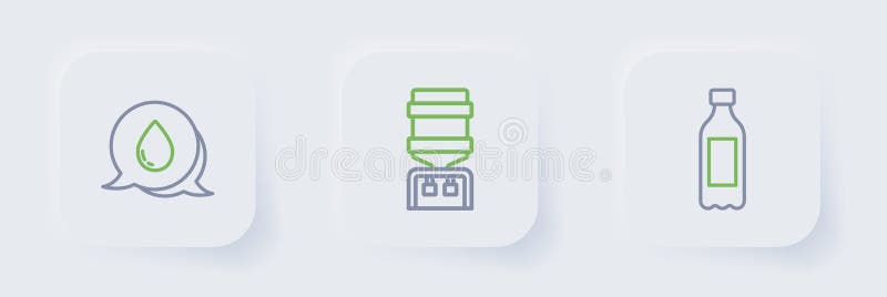 Set Line Bottle of Water, Water Cooler and Drop with Speech Bubbles ...